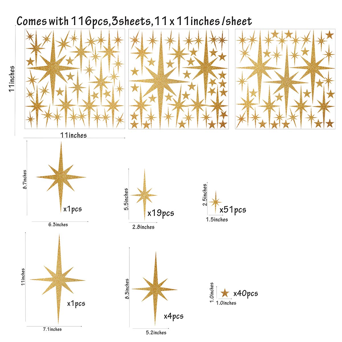 Star Wall Stickers Girls Room Wall Decals (116pcs) Sparkle Wall Sticker Stick and Peel Stars Stickers-6 Sizes