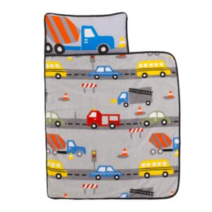 Everything Kids Grey, Red, Yellow and Blue Construction Toddler Nap Mat with Pillow and Blanket with Pillow and Blanket