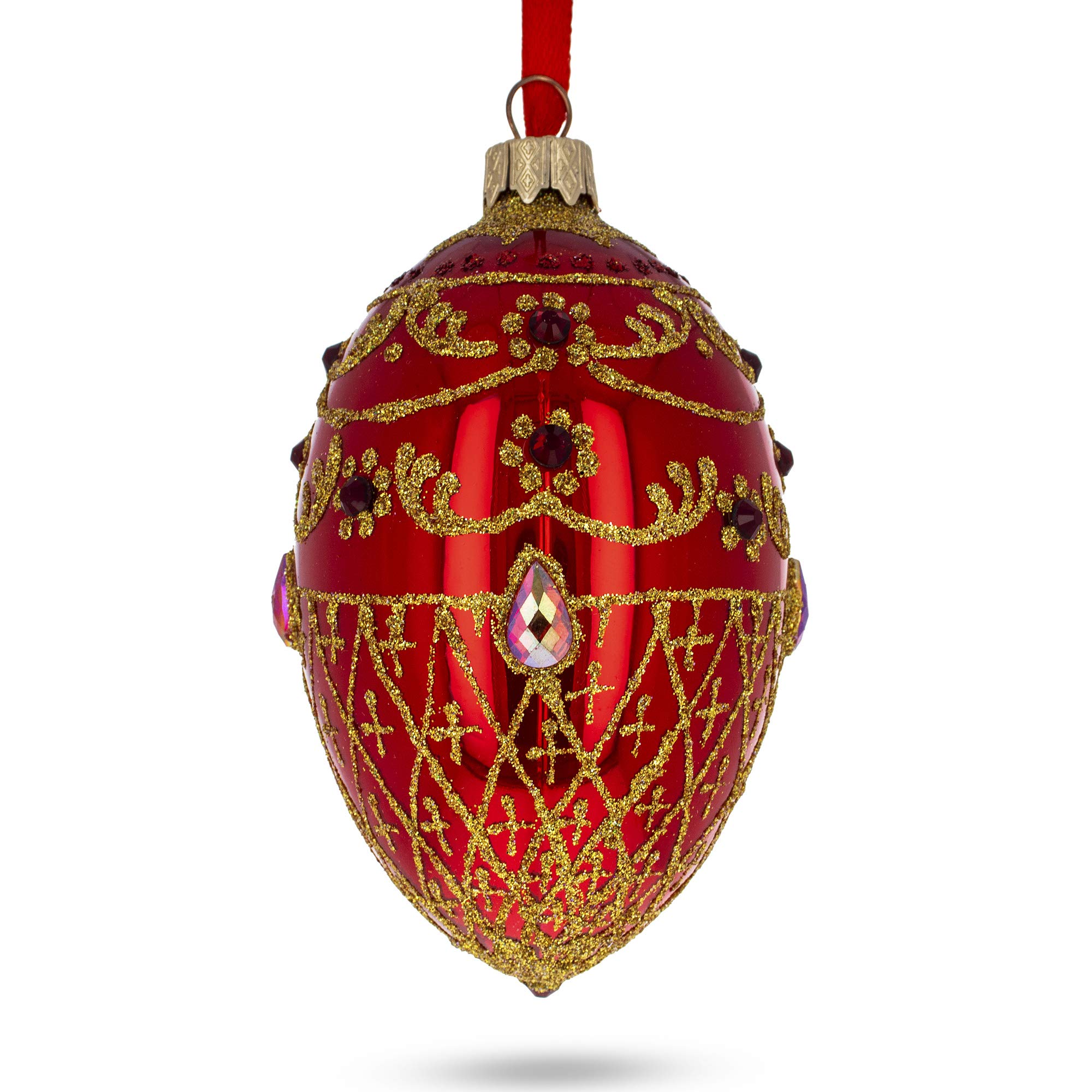 Ruby Jewels on Glossy Red Glass Egg Ornament 4 Inches