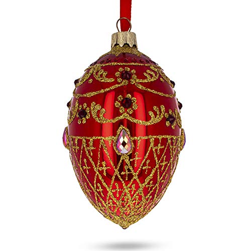 Ruby Jewels on Glossy Red Glass Egg Ornament 4 Inches