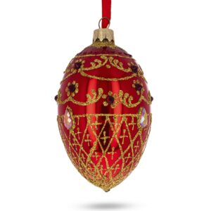 Ruby Jewels on Glossy Red Glass Egg Ornament 4 Inches