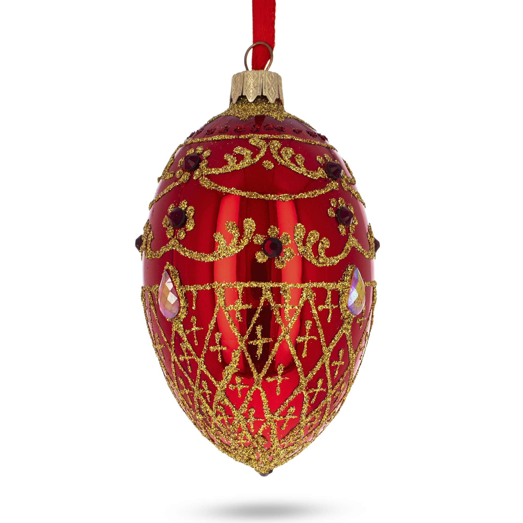 Ruby Jewels on Glossy Red Glass Egg Ornament 4 Inches