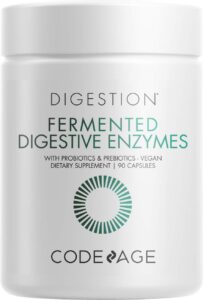 codeage digestive enzymes supplement, 3-month supply, gut health probiotics, prebiotics, fermented multi enzymes, plant-based superfood, one capsule a day, vegan, non-gmo, 90 capsules