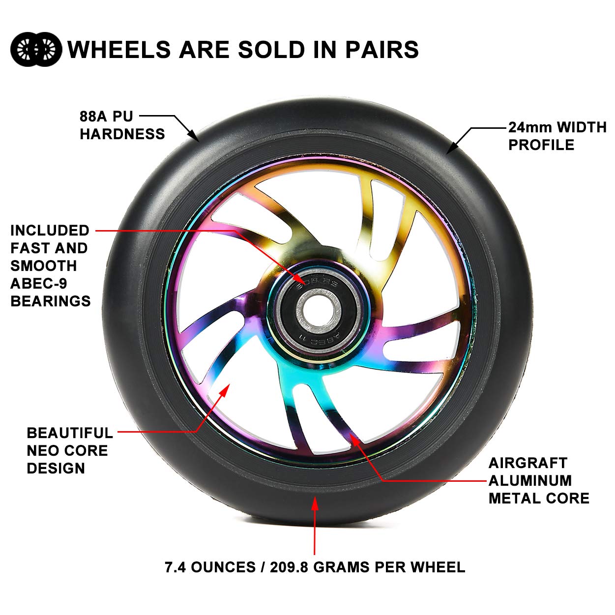 100mm Scooter Wheels - Pro Scooter Wheels 100mm Pair - Neo Oil Slick 100mm Metal Scooter Wheels Replacement - Pro Scooter Wheels 100mm - Bearings Installed - Scooter Wheels for Kids