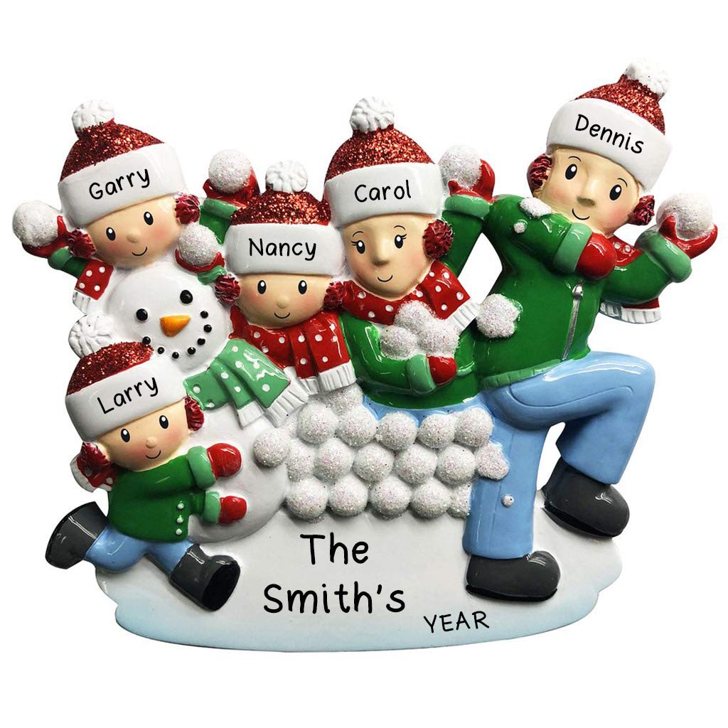 Personalized Snowball Fight Family Christmas Tree Ornament Present Gift for Free Personalized (Family of 5)