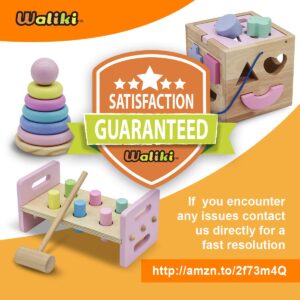 WALIKI Pounding Bench with Hammer, Wood Shape Sorter Box, Rainbow Stacker, Pastel Colors, Complete Set (3 Wooden Toys Bundle)