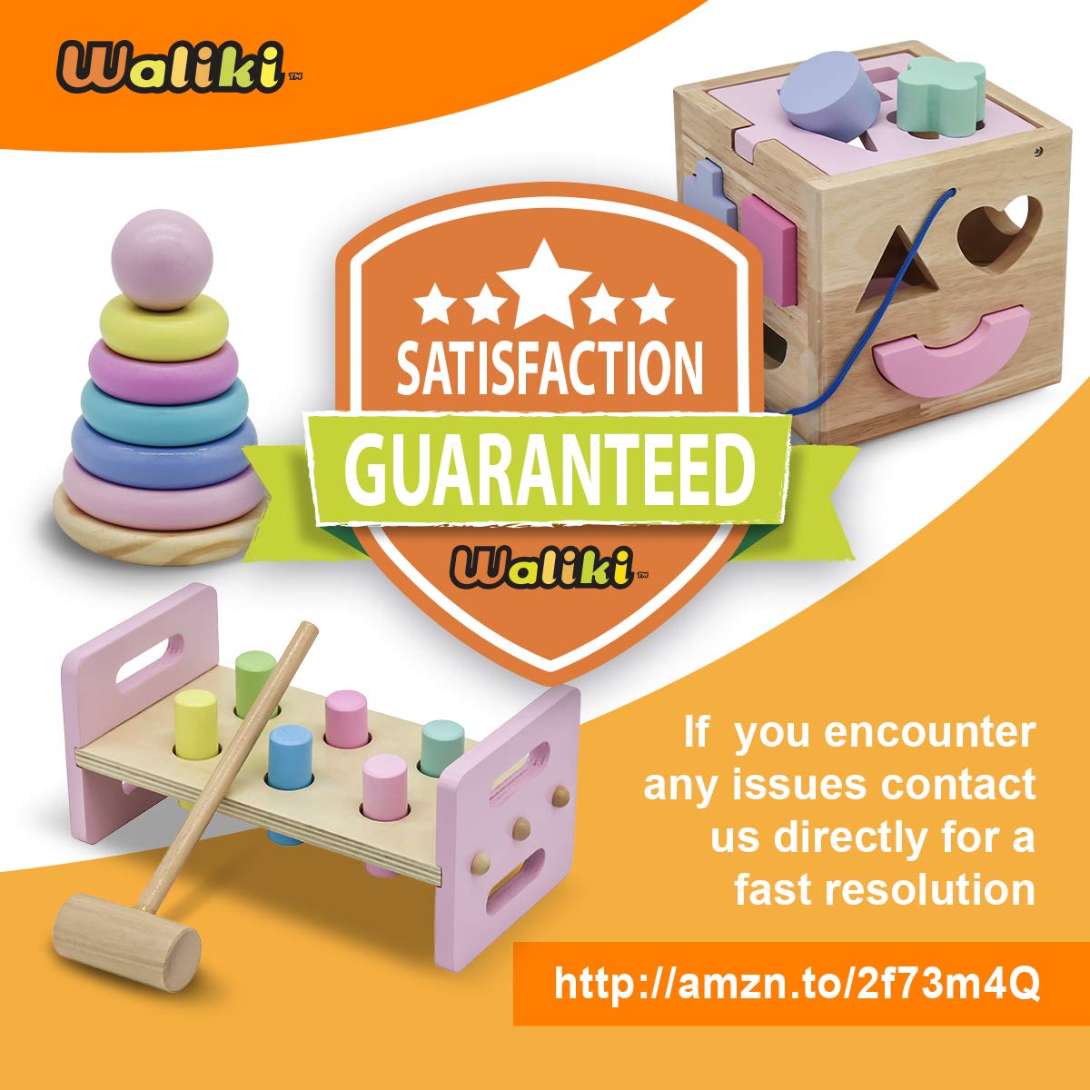 WALIKI Pounding Bench with Hammer, Wood Shape Sorter Box, Rainbow Stacker, Pastel Colors, Complete Set (3 Wooden Toys Bundle)