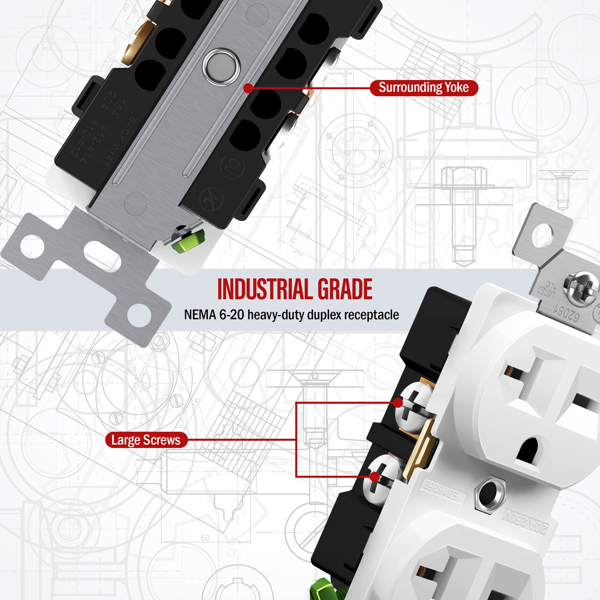 ENERLITES Duplex Receptacle, 20 Amp Electrical Wall Outlet, Industrial Grade, 2-Pole, 3-Wire, 20A 250V, UL Listed, 62081-W, White