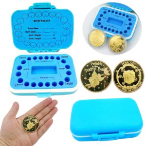 Baby Teeth Keepsake Box, Tooth Fairy Box, Tooth Storage Holder, Lost Deciduous Tooth Collection Organizer with 2Pcs Tooth Fairy Golden Coin, Save Children Teeth to Keep The Childhood Memory (Blue)