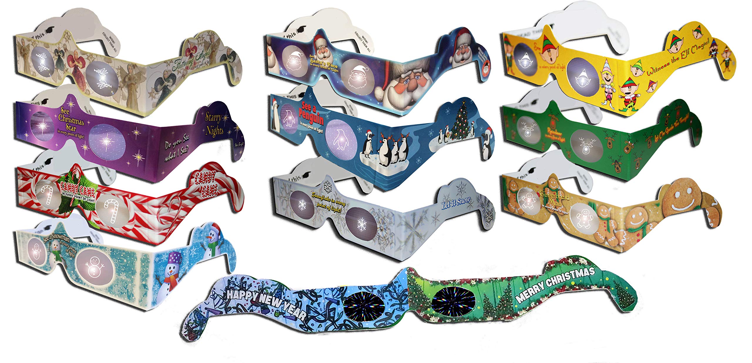 HolidayEyes(R) 3D Christmas 3D Glasses 22 Pair Variety Pack - 2 Each of 10, See Santa, Snowmen, Reindeer, Candy Canes, Elves, etc, and 2 Christmas/New Years Fireworks Glasses - All Folded