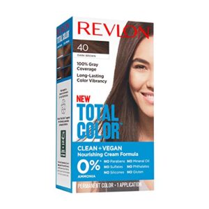 revlon permanent hair color, permanent hair dye, total color with 100% gray coverage, clean & vegan, 40 dark brown, 3.5 oz