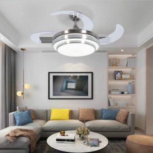 Lighting Groups 42 Inch Invisible Ceiling Fan 3-Color Lights Remote Control Retractable Blades Fandelier for Living Room Dining Room Reversible Fan Indoor Lights (Chrome-02)