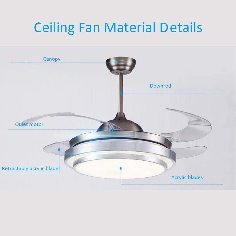 Lighting Groups 42 Inch Invisible Ceiling Fan 3-Color Lights Remote Control Retractable Blades Fandelier for Living Room Dining Room Reversible Fan Indoor Lights (Chrome-02)