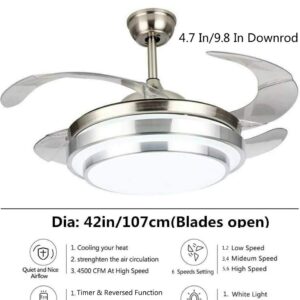 Lighting Groups 42 Inch Invisible Ceiling Fan 3-Color Lights Remote Control Retractable Blades Fandelier for Living Room Dining Room Reversible Fan Indoor Lights (Chrome-02)