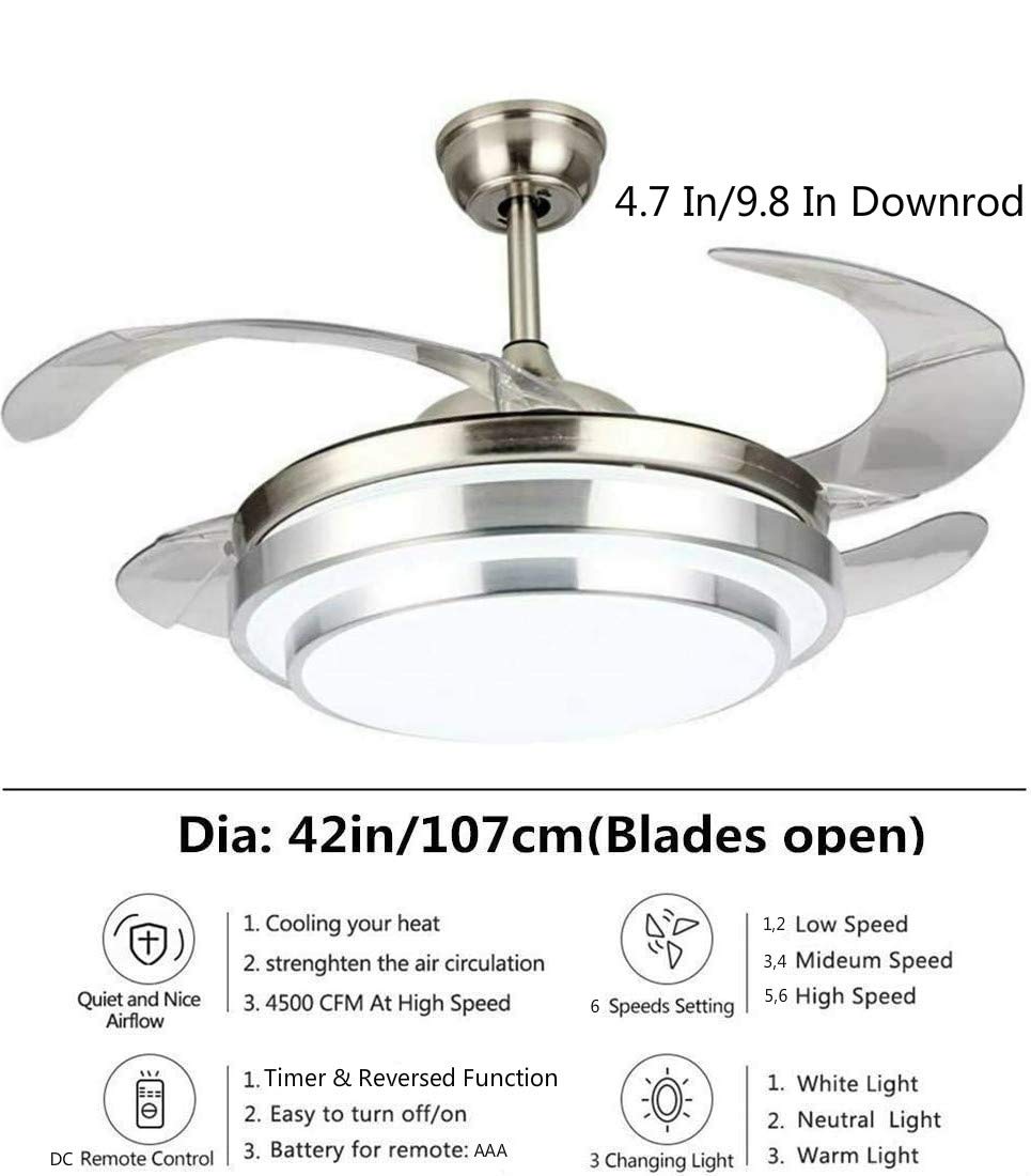 Lighting Groups 42 Inch Invisible Ceiling Fan 3-Color Lights Remote Control Retractable Blades Fandelier for Living Room Dining Room Reversible Fan Indoor Lights (Chrome-02)