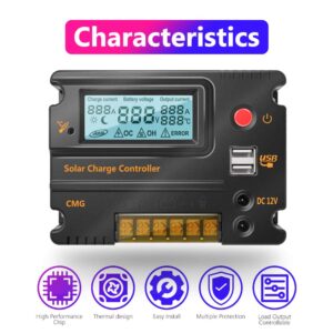 Fuhuihe 20A 12V 24V Solar Charge Controller Auto Switch LCD Intelligent Panel Battery Regulator Charge Controller Overload Protection Temperature Compensation