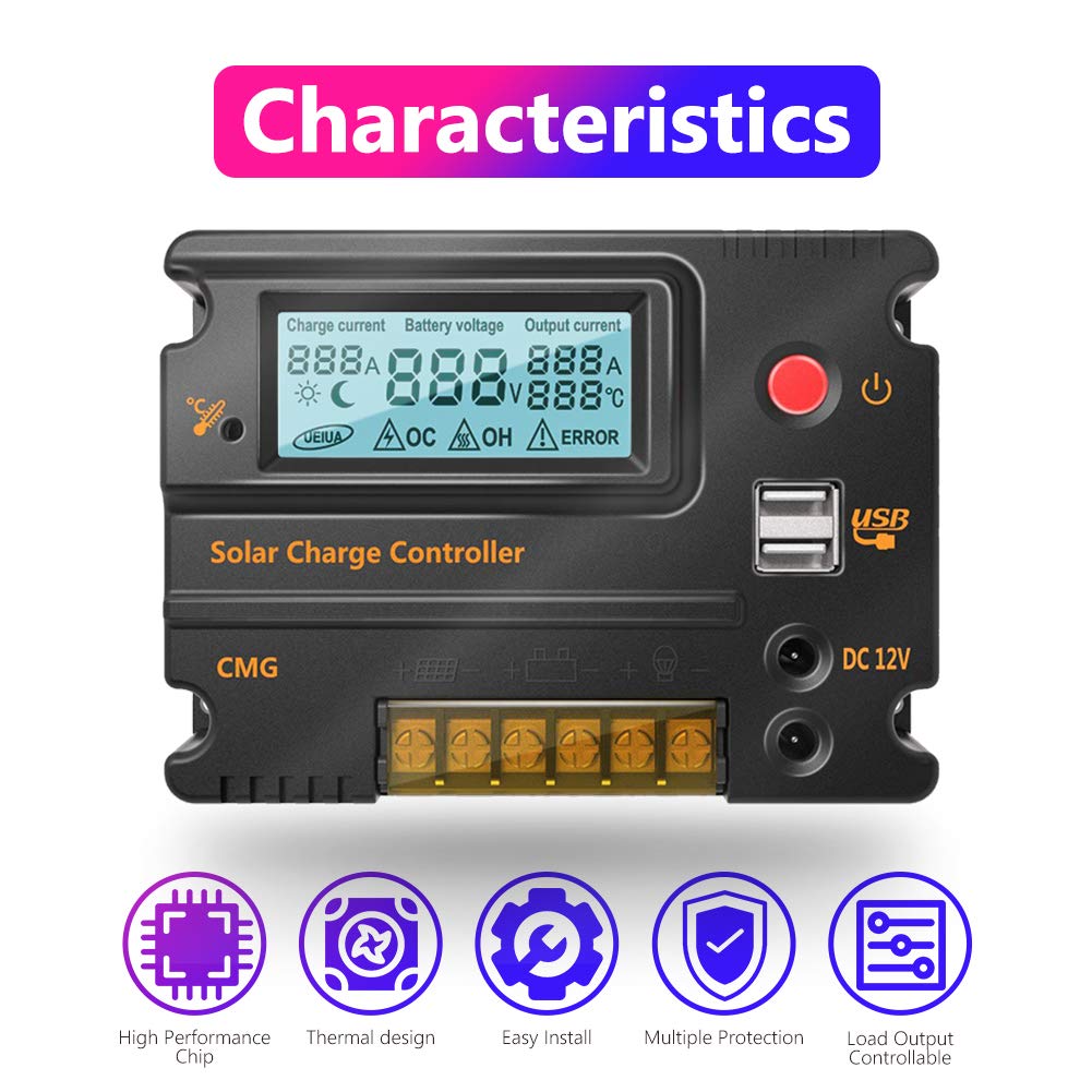 Fuhuihe 20A 12V 24V Solar Charge Controller Auto Switch LCD Intelligent Panel Battery Regulator Charge Controller Overload Protection Temperature Compensation