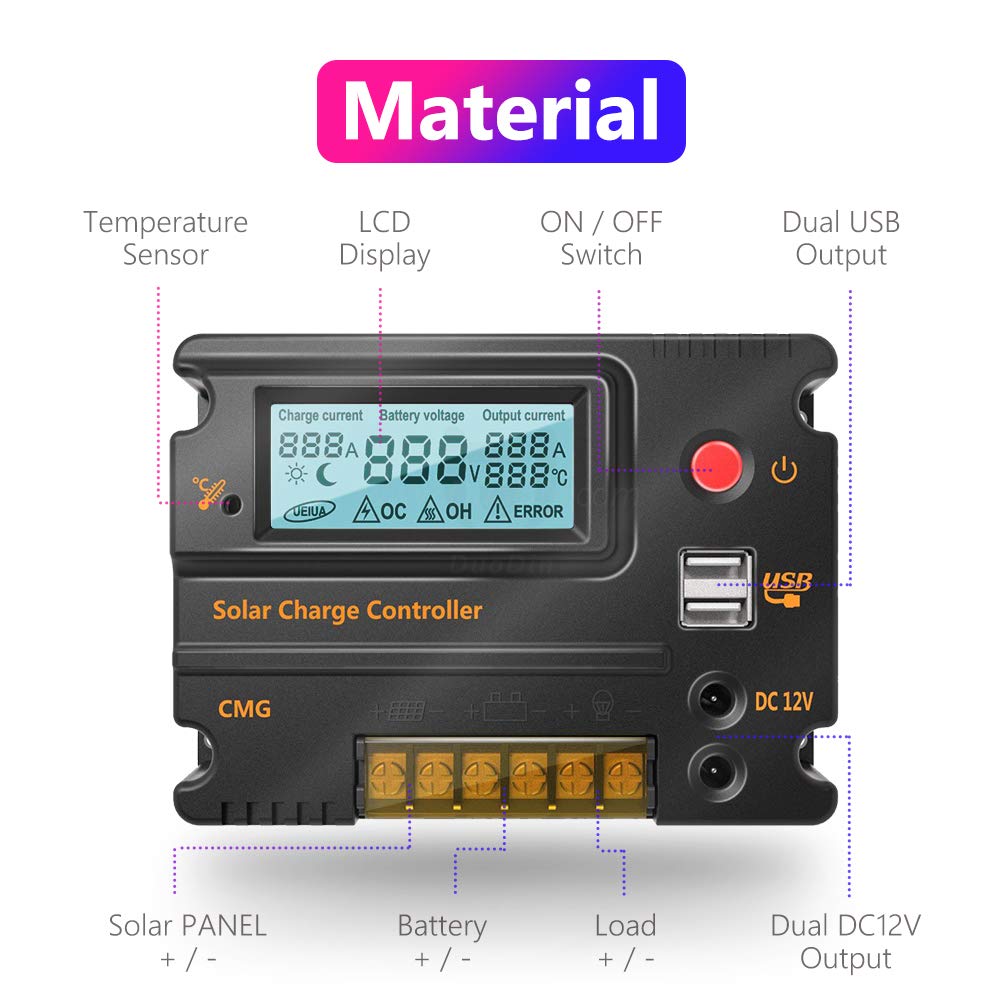 Fuhuihe 20A 12V 24V Solar Charge Controller Auto Switch LCD Intelligent Panel Battery Regulator Charge Controller Overload Protection Temperature Compensation