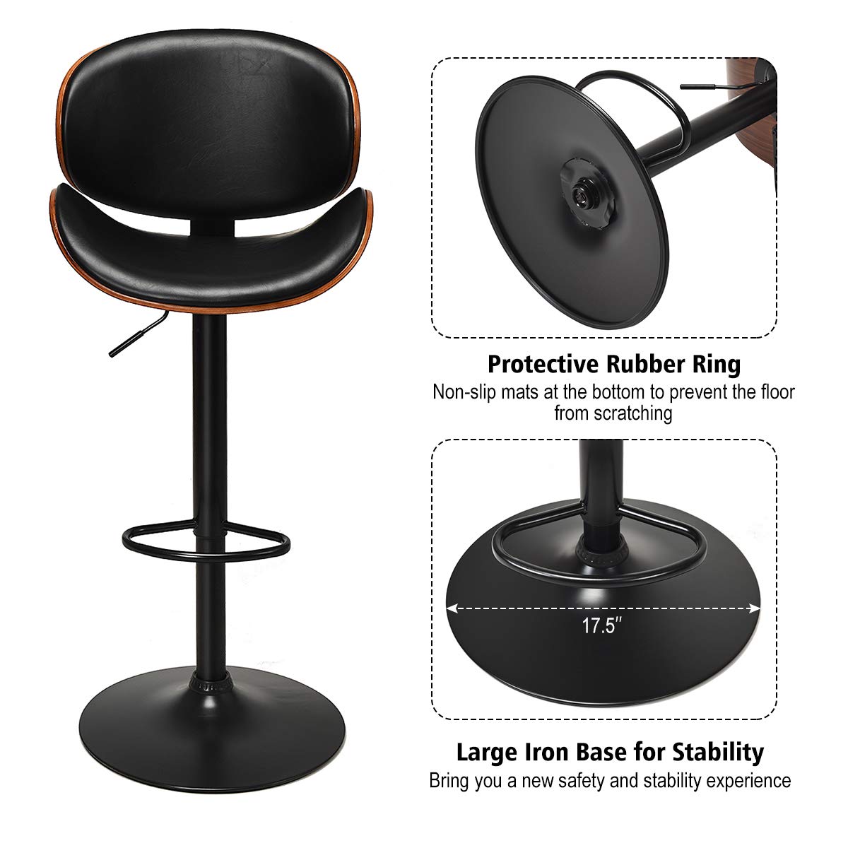 COSTWAY Bar Stools Set of 2, Adjustable Swivel Bentwood Barstools with Back, Large Iron Base, 360 Degree PU Leather Seat and Curved Footrest, Extra Tall Bar Chairs for Kitchen Counter Bar, Black