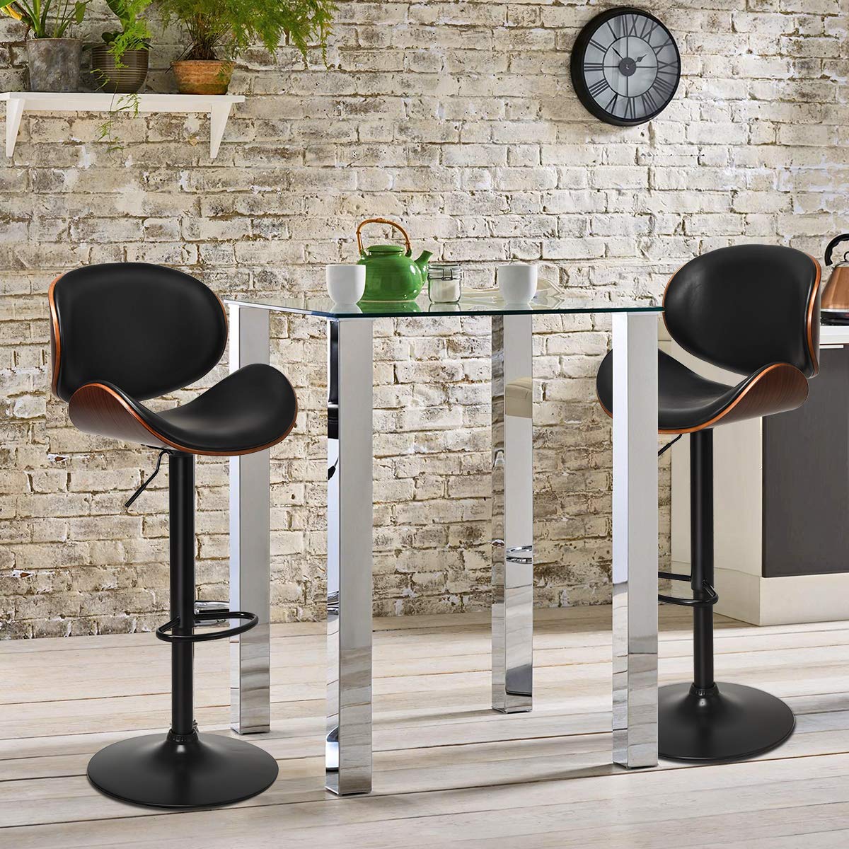 COSTWAY Bar Stools Set of 2, Adjustable Swivel Bentwood Barstools with Back, Large Iron Base, 360 Degree PU Leather Seat and Curved Footrest, Extra Tall Bar Chairs for Kitchen Counter Bar, Black