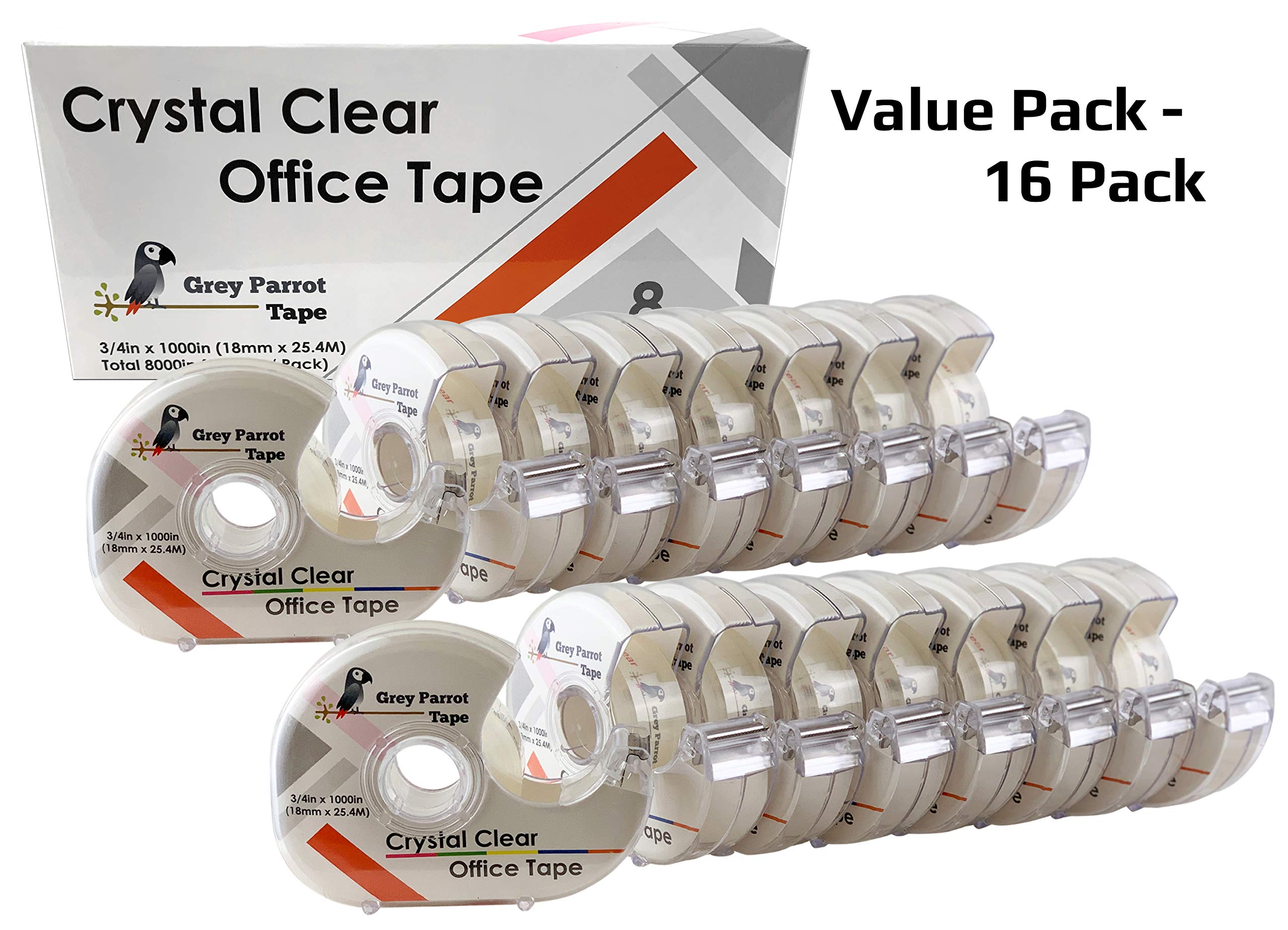 Greyparrot Office Tape Clear Refill Rolls + Dispenser(16 Pack),(3/4” X 1000in/pack). for Craft Jobs, Gift Wrapping, Office Work Clear(Transparent) Glossy Finish, Refillable (16000 inch/Total)