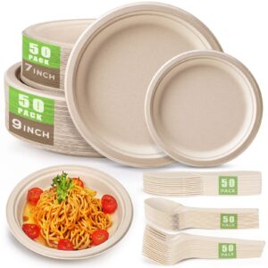 gezond 250pcs disposable paper plates set, compostable plate sugarcane utensils eco friendly dinnerware kit includes 50 biodegradable plates, forks, knives and spoons for brithday party camping