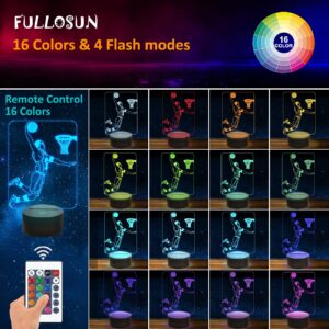 FULLOSUN Basketball 3D Night Light, Basketball Sport Gifts Bedside Lamp for Xmas Holiday Birthday Gifts for Kids Basketball Fan with Remote Control 16 Colors Changing + 4 Changing Mode + Dim Function