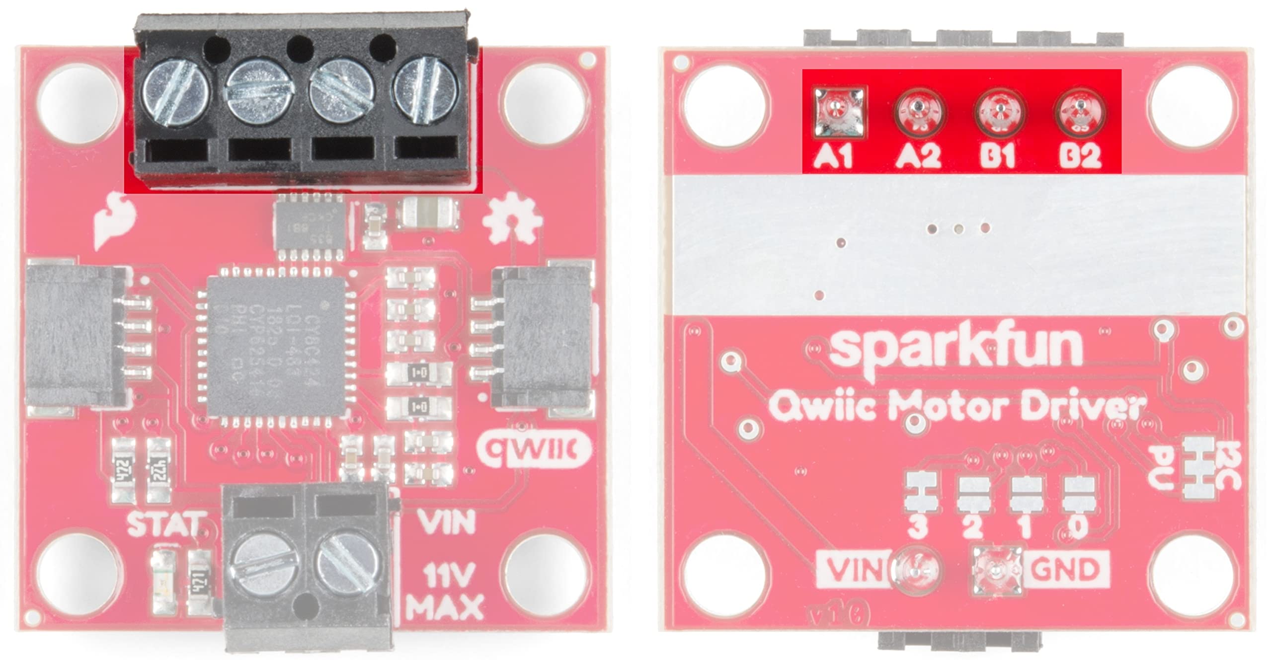 SparkFun Qwiic Motor Driver I2C Plug and Play Breakout No Soldering required to control small DC Motors 1.2A Steady state drive per channel 1.5A Peak 2 channels 127 levels of drive strength 3.3V Logic