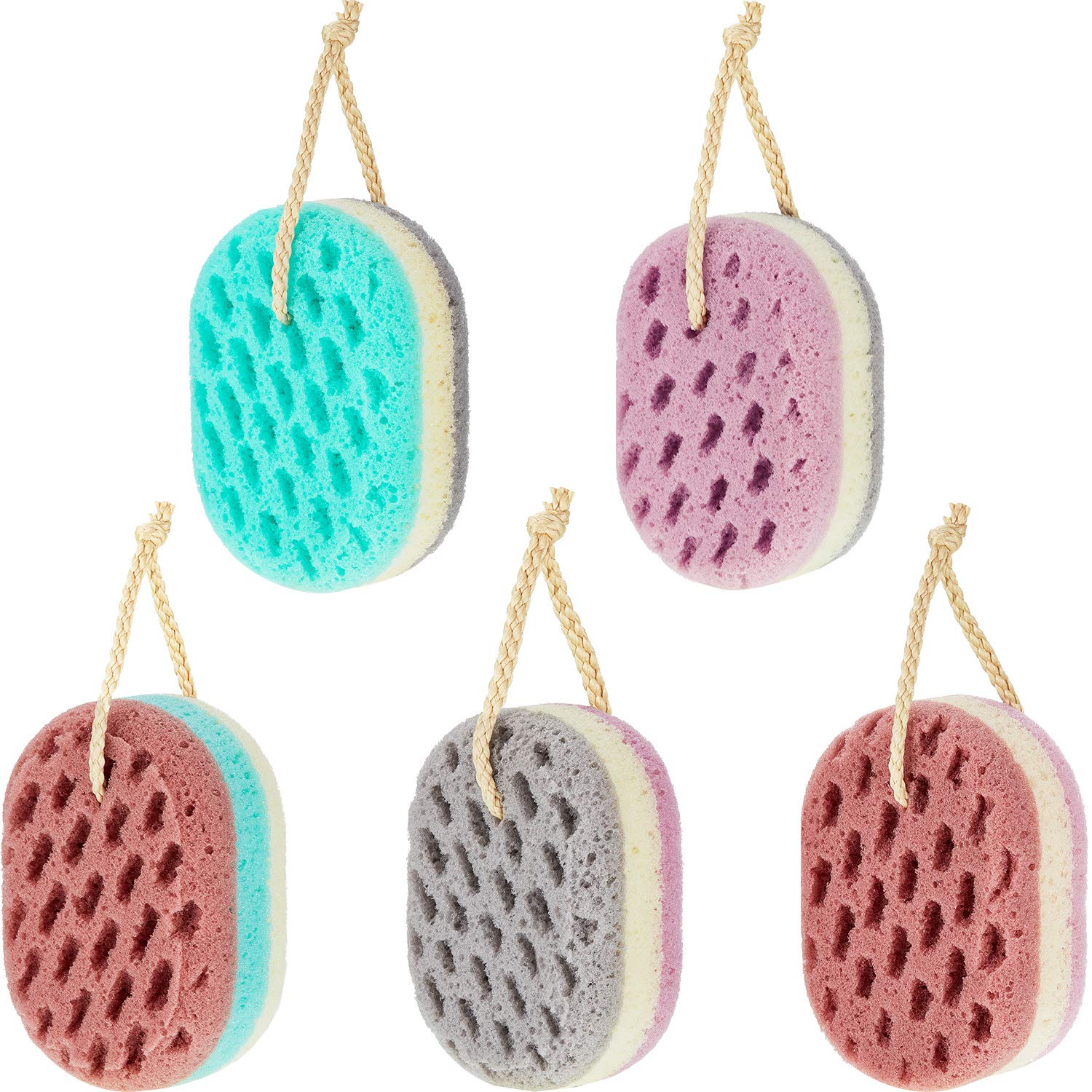 5 Pieces Soft Bath Sponge Gentle Soothing Body Sponge Natural Fiber Exfoliating Shower Sponge for Women Men Kids, Random Color, Oval Shape