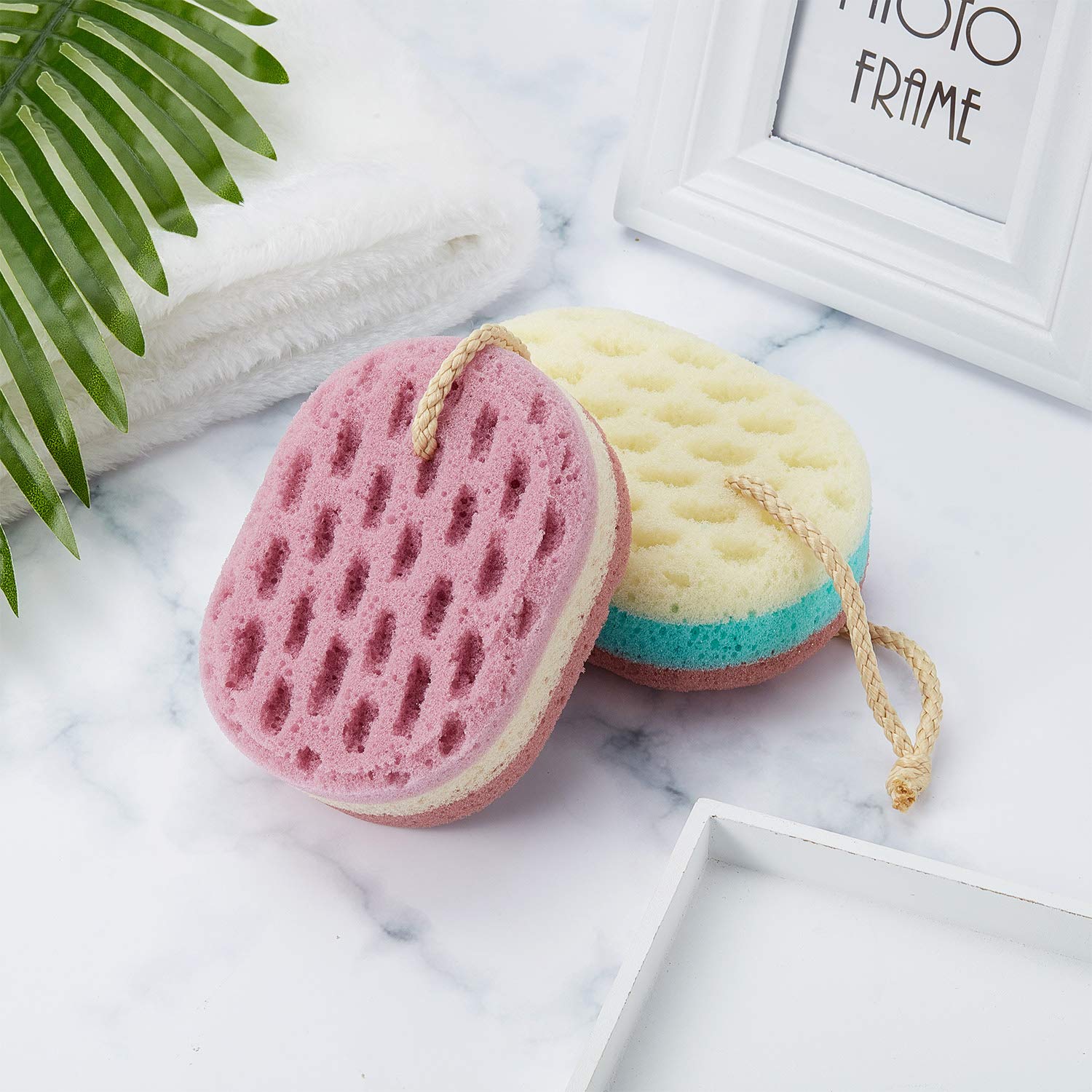 5 Pieces Soft Bath Sponge Gentle Soothing Body Sponge Natural Fiber Exfoliating Shower Sponge for Women Men Kids, Random Color, Oval Shape