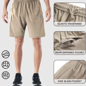 EXEKE Men's Quick Dry Running Shorts Lightweight Gym Workout Shorts with Zipper Pockets 252-3XL/Khaki 34-36