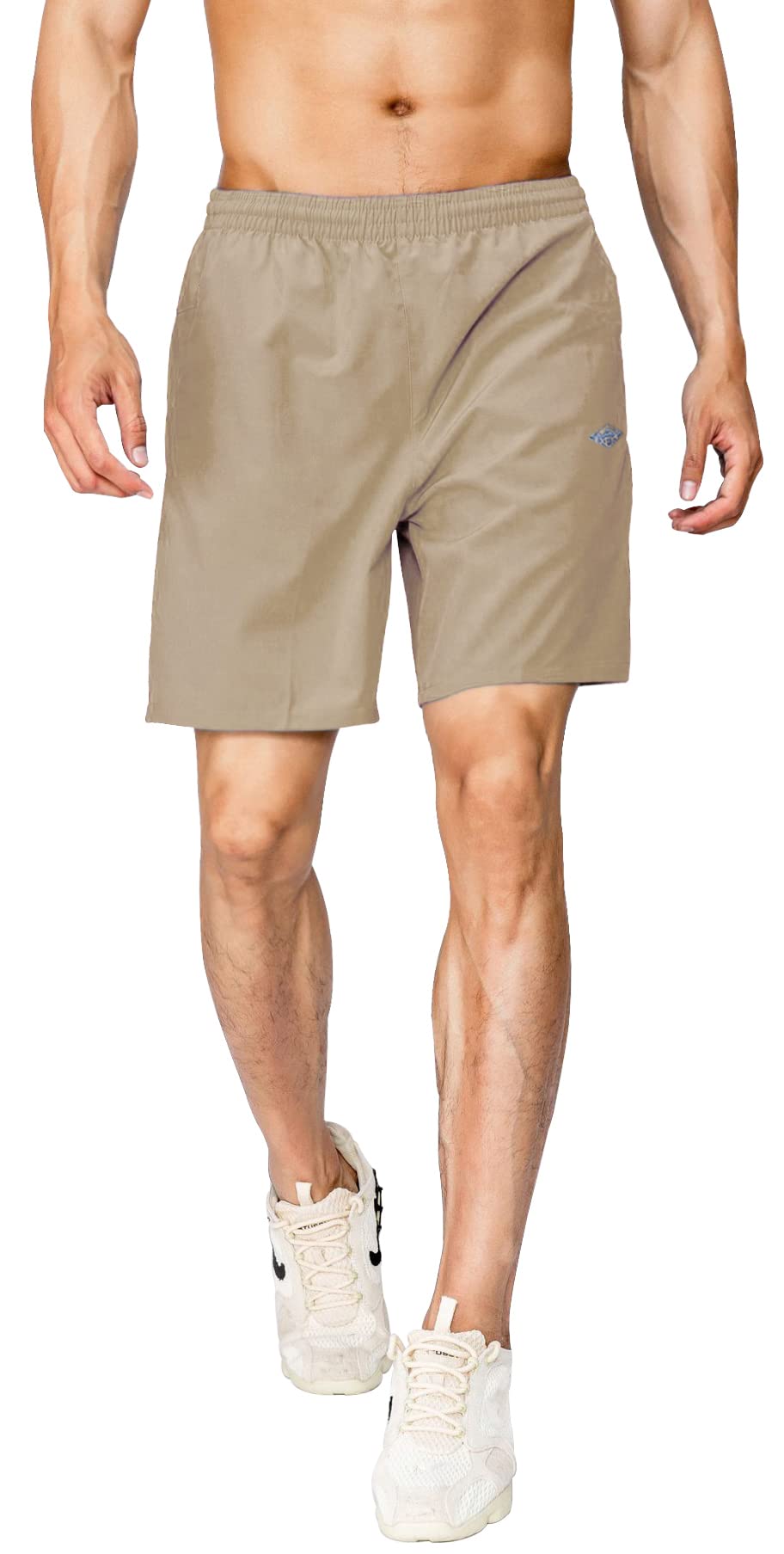 EXEKE Men's Quick Dry Running Shorts Lightweight Gym Workout Shorts with Zipper Pockets 252-3XL/Khaki 34-36