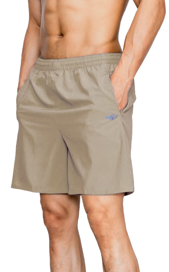 EXEKE Men's Quick Dry Running Shorts Lightweight Gym Workout Shorts with Zipper Pockets 252-3XL/Khaki 34-36