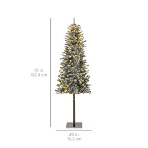 Best Choice Products 6ft Pre-Lit Slim Pencil Christmas Tree, Snow Flocked Hinged Artificial Alpine Holiday Decoration w/ 250 LED Lights, 700 Tips, Metal Stand