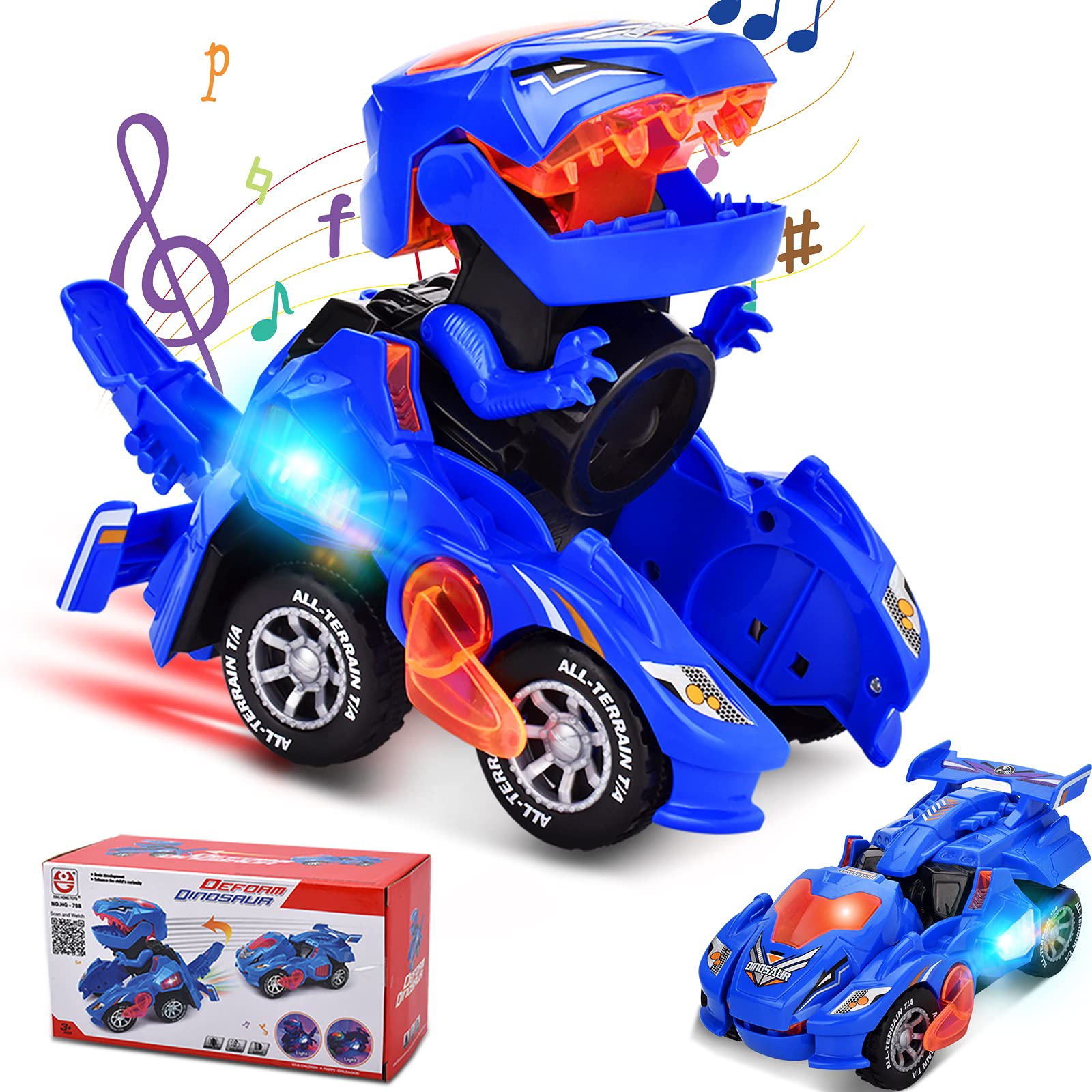 INLAIER Transforming Dinosaur Toys, Transforming Dinosaur Car with LED Light and Music Automatic Transform Dino Car for 2 and Up Year Old Kids Christmas Birthday Gifts (Blue)