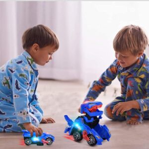 INLAIER Transforming Dinosaur Toys, Transforming Dinosaur Car with LED Light and Music Automatic Transform Dino Car for 2 and Up Year Old Kids Christmas Birthday Gifts (Blue)