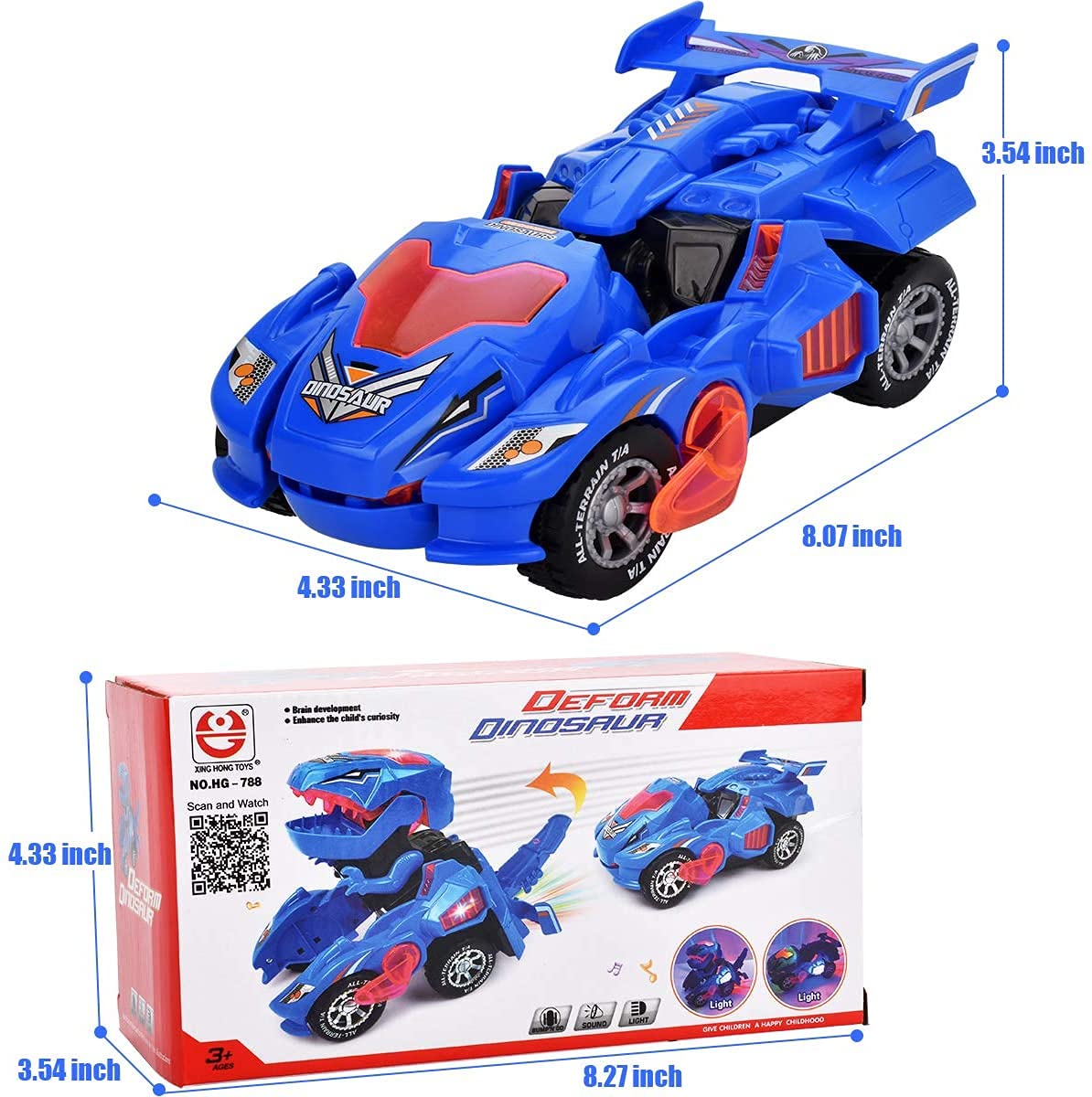 INLAIER Transforming Dinosaur Toys, Transforming Dinosaur Car with LED Light and Music Automatic Transform Dino Car for 2 and Up Year Old Kids Christmas Birthday Gifts (Blue)