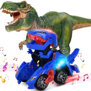 INLAIER Transforming Dinosaur Toys, Transforming Dinosaur Car with LED Light and Music Automatic Transform Dino Car for 2 and Up Year Old Kids Christmas Birthday Gifts (Blue)