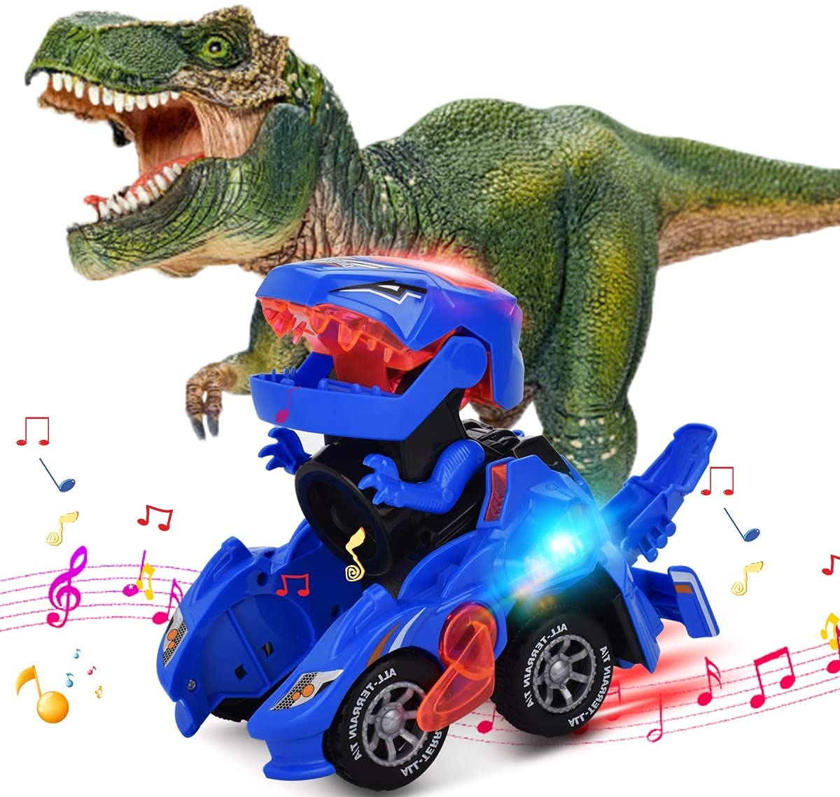 INLAIER Transforming Dinosaur Toys, Transforming Dinosaur Car with LED Light and Music Automatic Transform Dino Car for 2 and Up Year Old Kids Christmas Birthday Gifts (Blue)