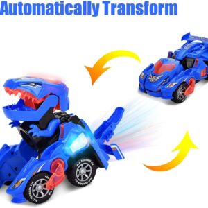 INLAIER Transforming Dinosaur Toys, Transforming Dinosaur Car with LED Light and Music Automatic Transform Dino Car for 2 and Up Year Old Kids Christmas Birthday Gifts (Blue)