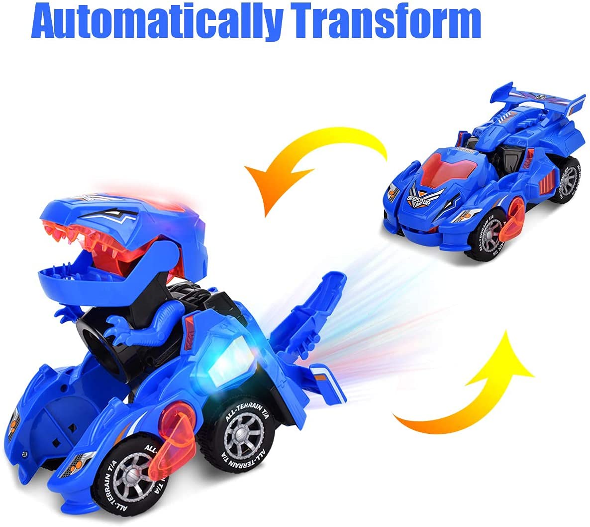 INLAIER Transforming Dinosaur Toys, Transforming Dinosaur Car with LED Light and Music Automatic Transform Dino Car for 2 and Up Year Old Kids Christmas Birthday Gifts (Blue)