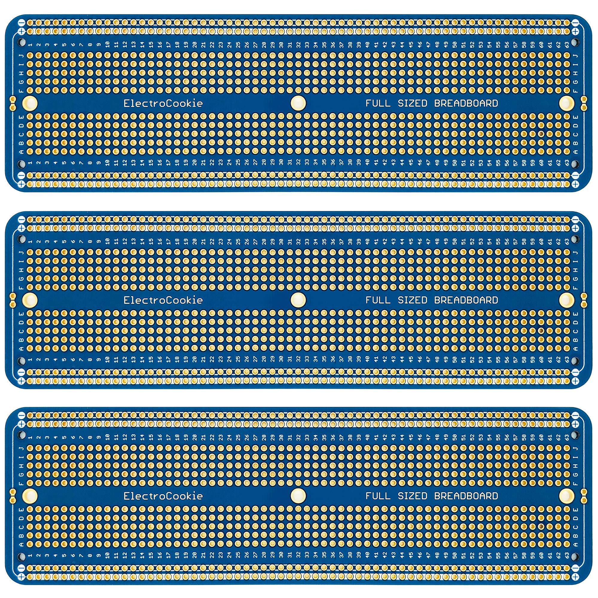 ElectroCookie Solderable Breadboard Large PCB Board for Electronics Projects Compatible for DIY Arduino Soldering Projects, Gold-Plated (3 Pack, Blue)