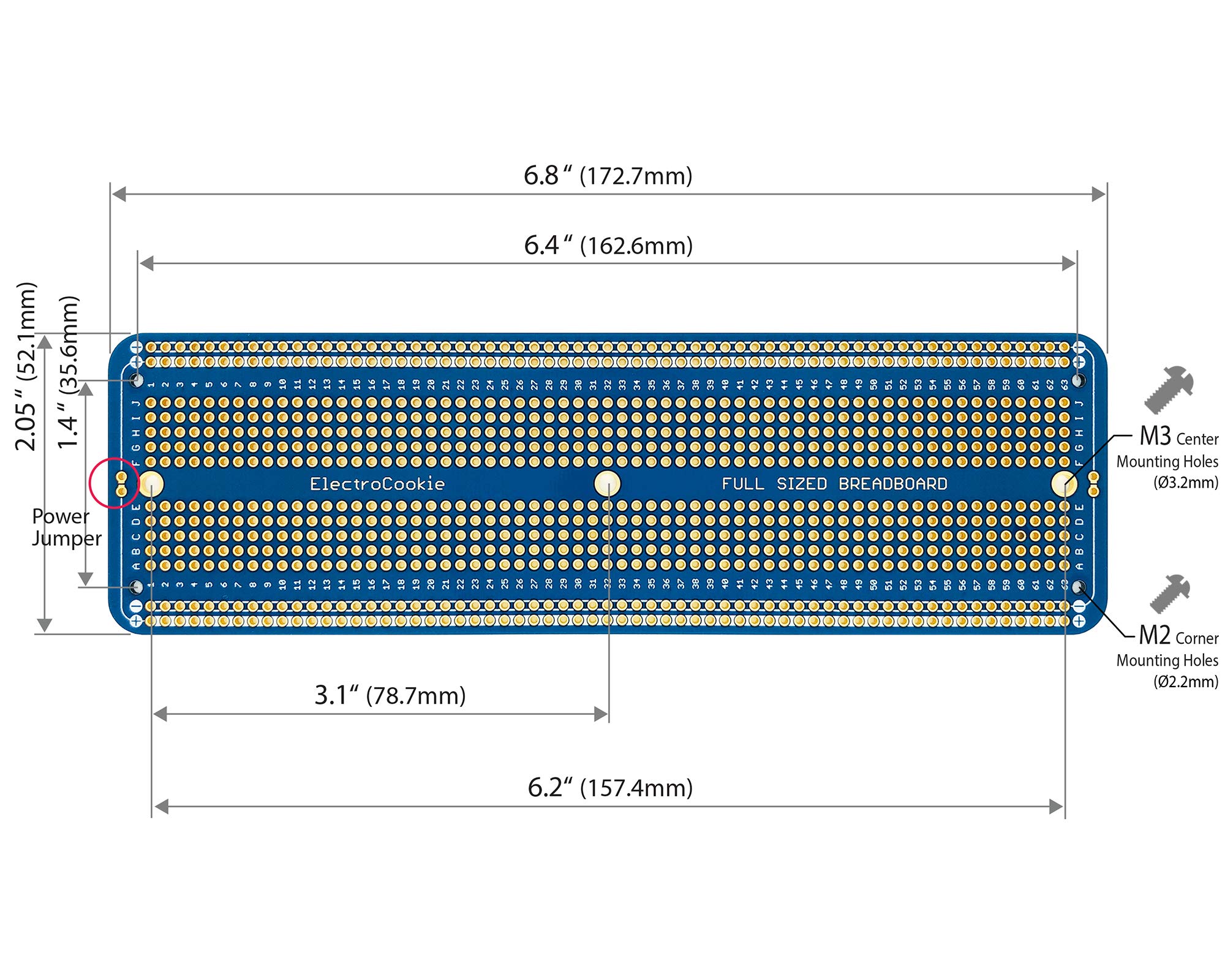 ElectroCookie Solderable Breadboard Large PCB Board for Electronics Projects Compatible for DIY Arduino Soldering Projects, Gold-Plated (3 Pack, Blue)