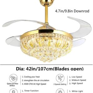 Lighting Groups 42" Invisible Crystal Black Ceiling Fans with 5 Light Bulbs Remote Control 4 Retractable Blades Bedroom Diningroom Fan Chandelier Indoor Ceiling Light Kits with Fans (42 Inch, Black F)