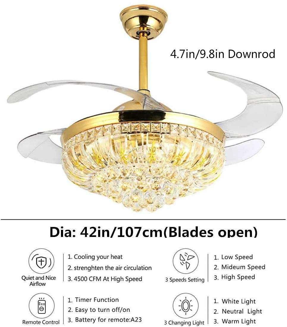 Lighting Groups 42" Invisible Crystal Black Ceiling Fans with 5 Light Bulbs Remote Control 4 Retractable Blades Bedroom Diningroom Fan Chandelier Indoor Ceiling Light Kits with Fans (42 Inch, Black F)