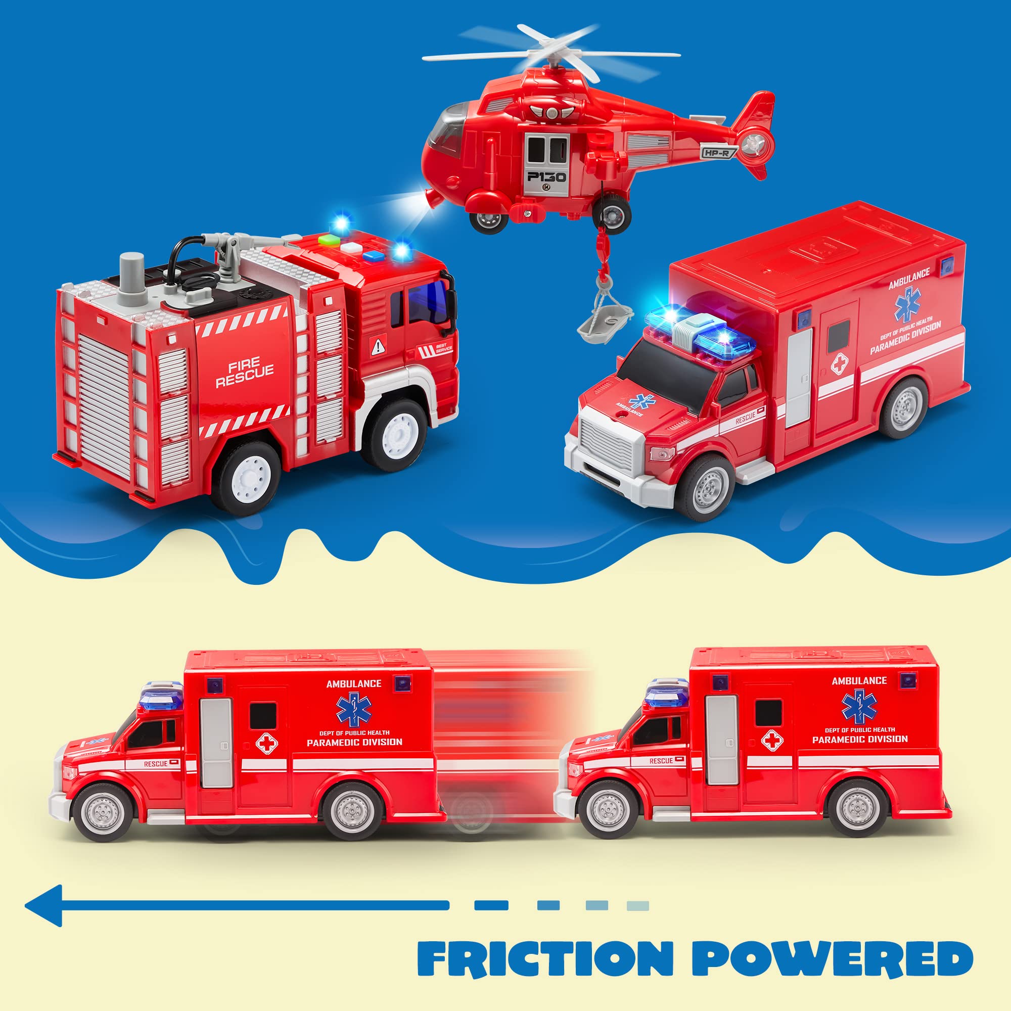 JOYIN Toddler Fire Truck Toys for 3 4 5 6 7 Year Old Boys - Fire Engine, Emergency Vehicle, Kids Toys Firetruck, Friction Powered Car with Lights and Sounds, Birthday Gifts for Boys Girls Age 3-9