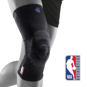 bauerfeind sports knee support nba - officially licensed basketball brace with medical compression - sleeve design with omega gel pad for pain relief & stabilization (black, m)