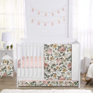 sweet jojo designs vintage floral boho baby girl nursery crib bedding set - 4 pieces - blush pink, yellow, green and white shabby chic rose flower farmhouse