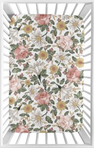 sweet jojo designs vintage floral boho girl fitted mini crib sheet baby nursery for portable crib or pack and play - blush pink, yellow, green and white shabby chic rose flower farmhouse