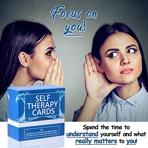 SELF THERAPY CARDS – Relaxing gift! Handy, easy to use anxiety relief cards! 115 Questions in a box, along with suggested actions and meditations. Self reflection cards, mindfulness tool